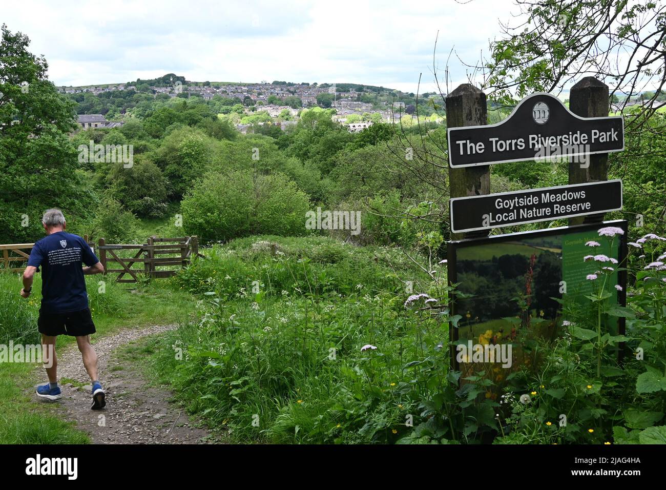 A jogger in The Torrs Riverside Park in New Mills, Derbyshire Stock ...