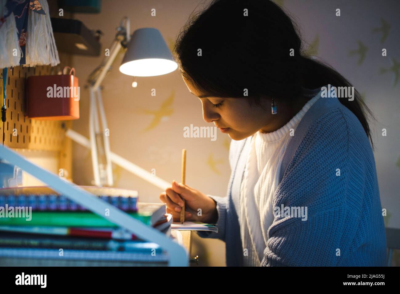 Girl doing homework while writing in book at home Stock Photo - Alamy