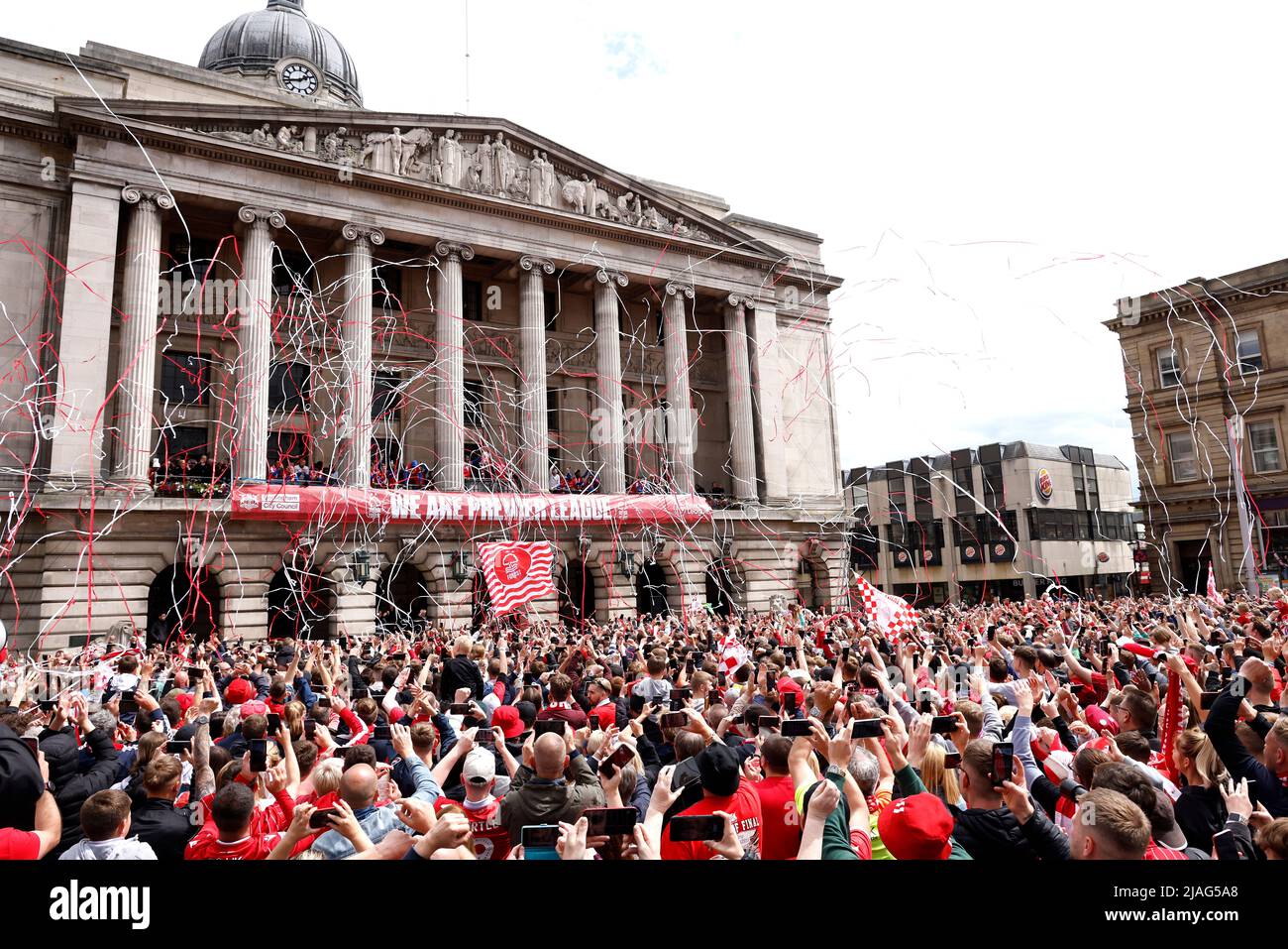 Nottingham Forest fans celebrate as the players lift the trophy onto ...