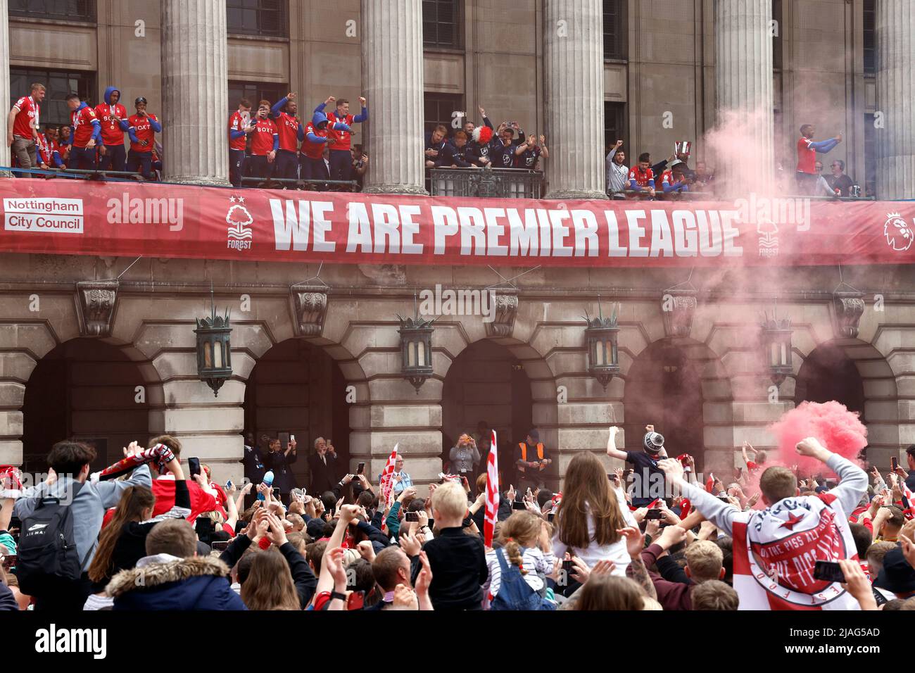 Nottingham Forest fans celebrate as the players lift the trophy onto ...