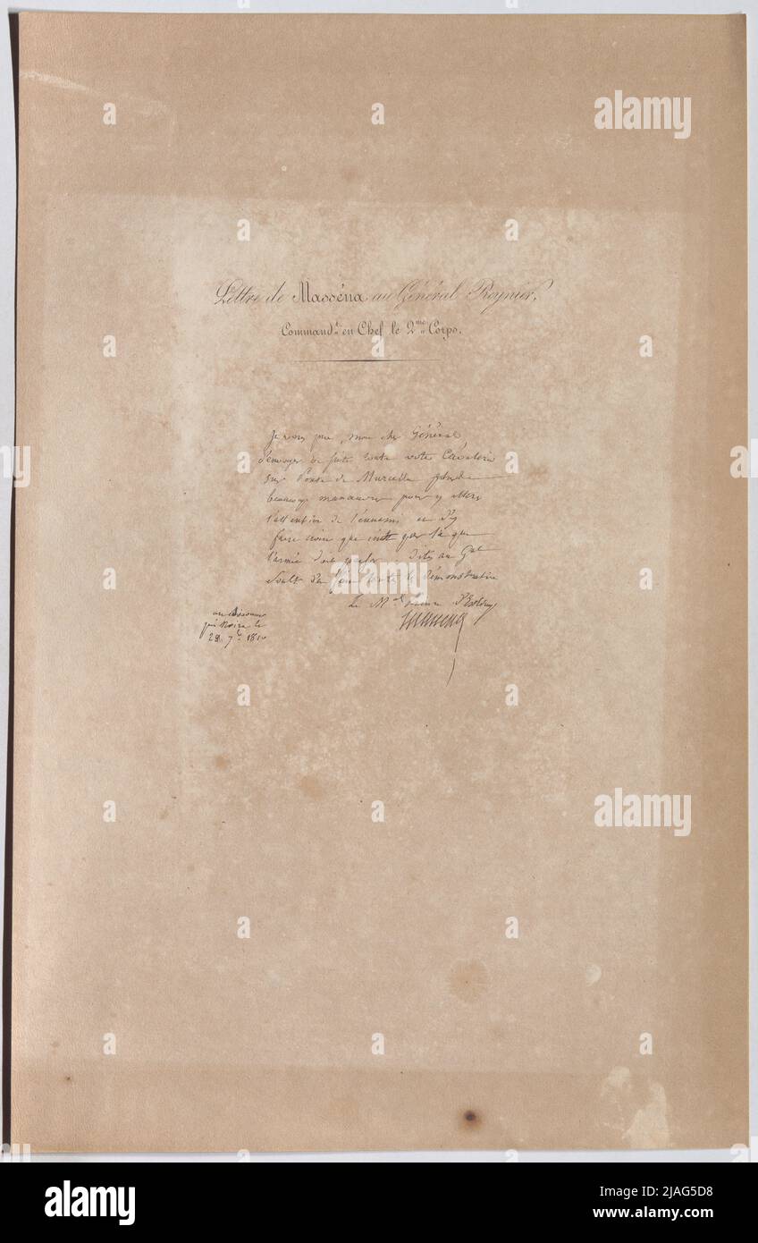 Letter from Masséna to General Reynier, commandt in chief on the 2nd ...