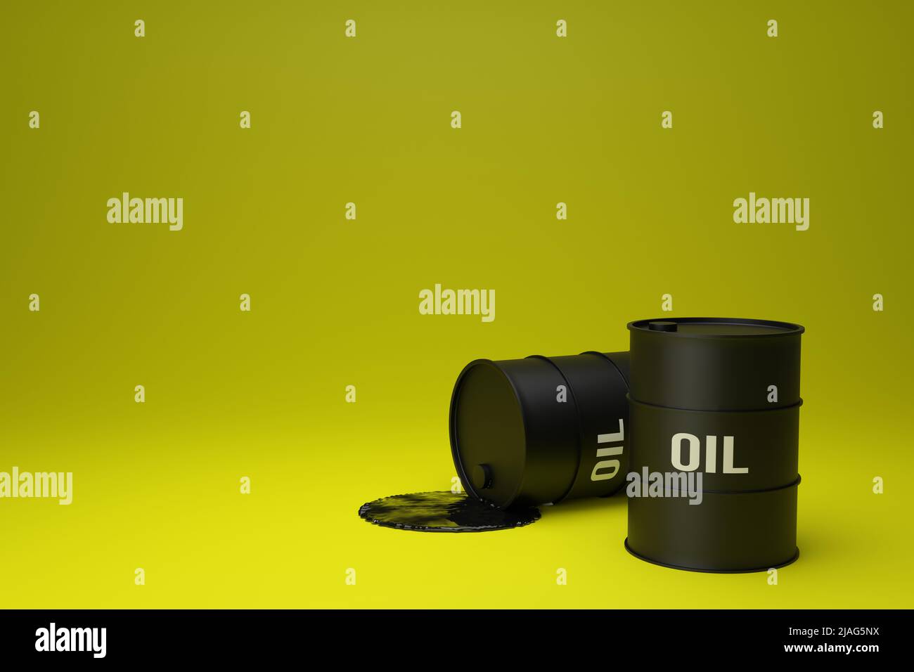 two black barrels of petroleum on yellow background. small puddle of ...