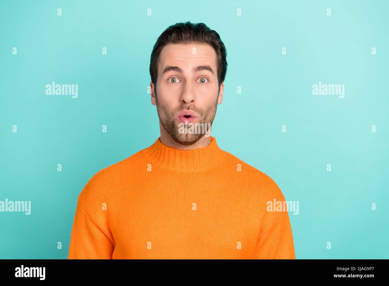 Photo of young astonished guy speechless fake novelty information ...