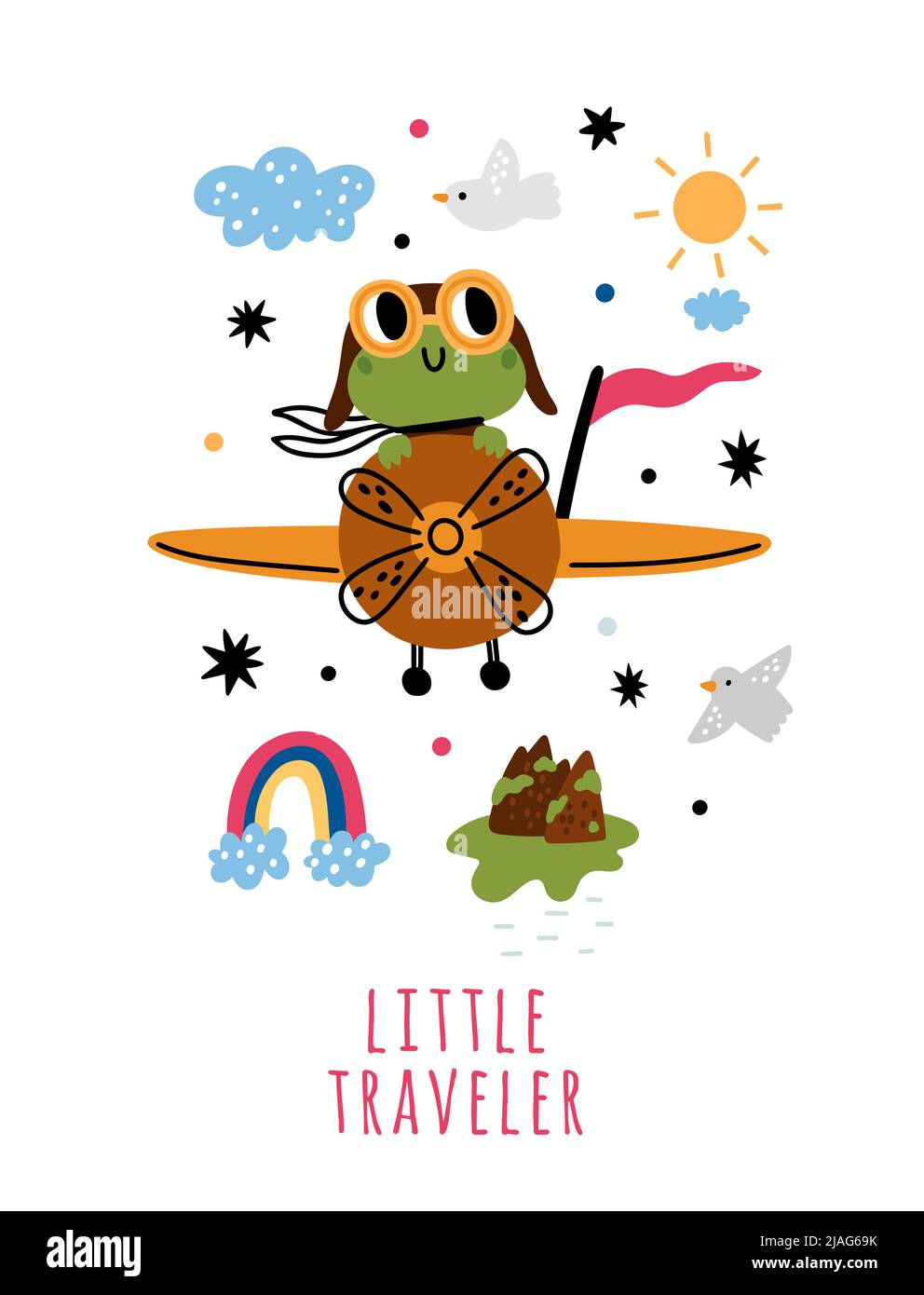 Animals pilots card. Frog character flying on plane. Airplane with cute ...