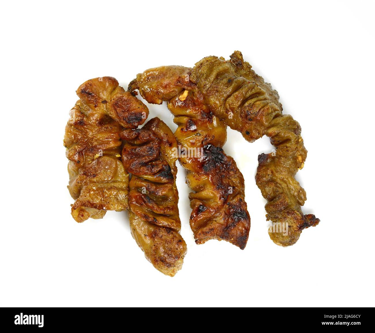 Grilled pork intestines. Normally eat with spicy sauce. Traditional and ...