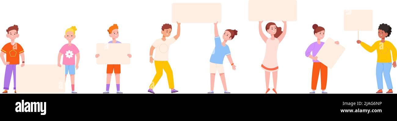 Pupils holding signs. Kids hold blank banner, children teenage protest ...