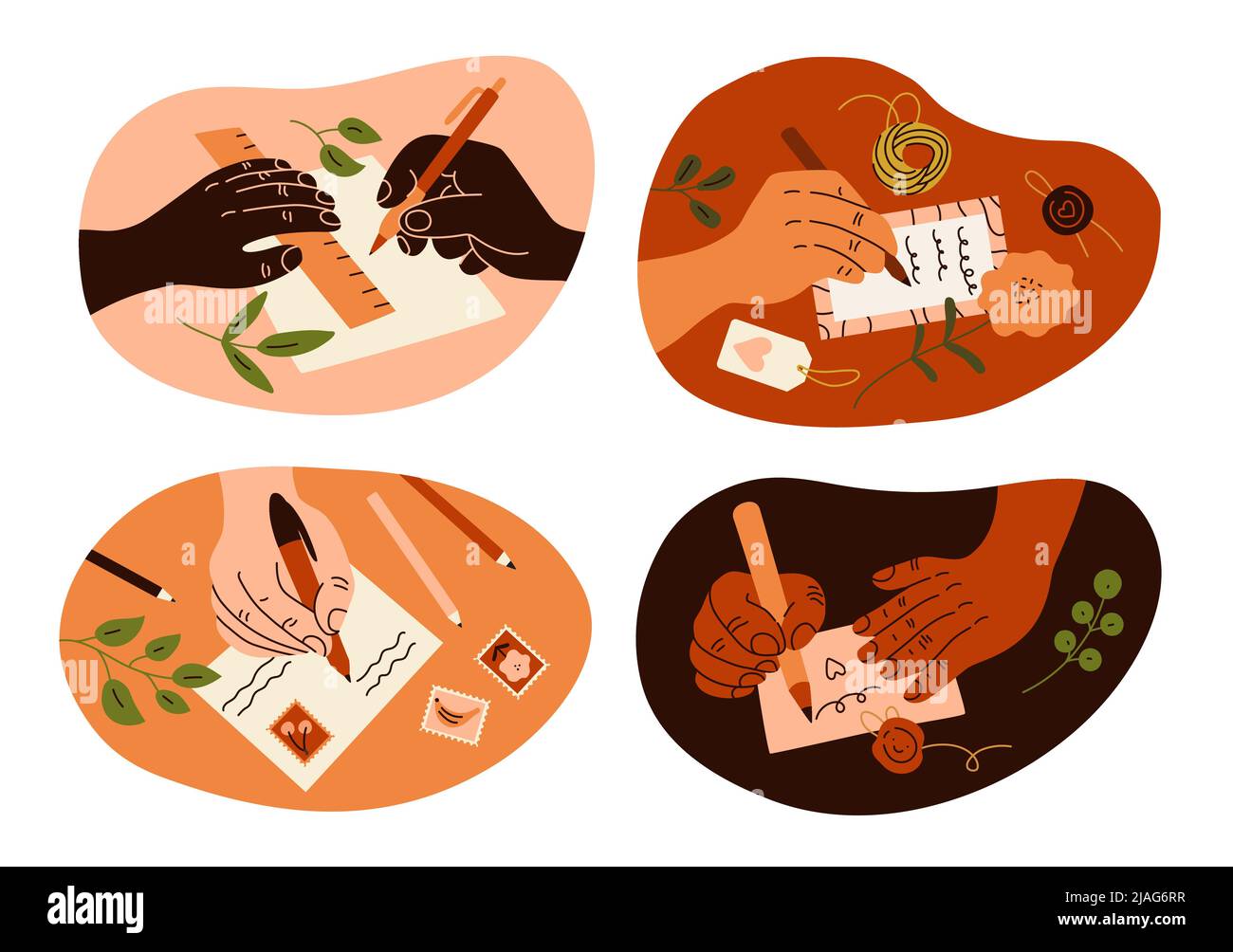 Hands write on paper. Cartoon arms compositions set. Different ...