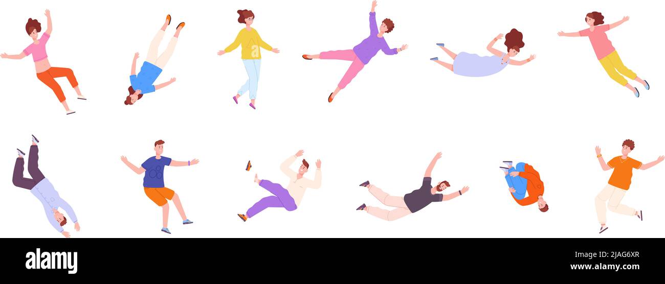 People in floating pose. Flying in dream characters, soaring gravity ...
