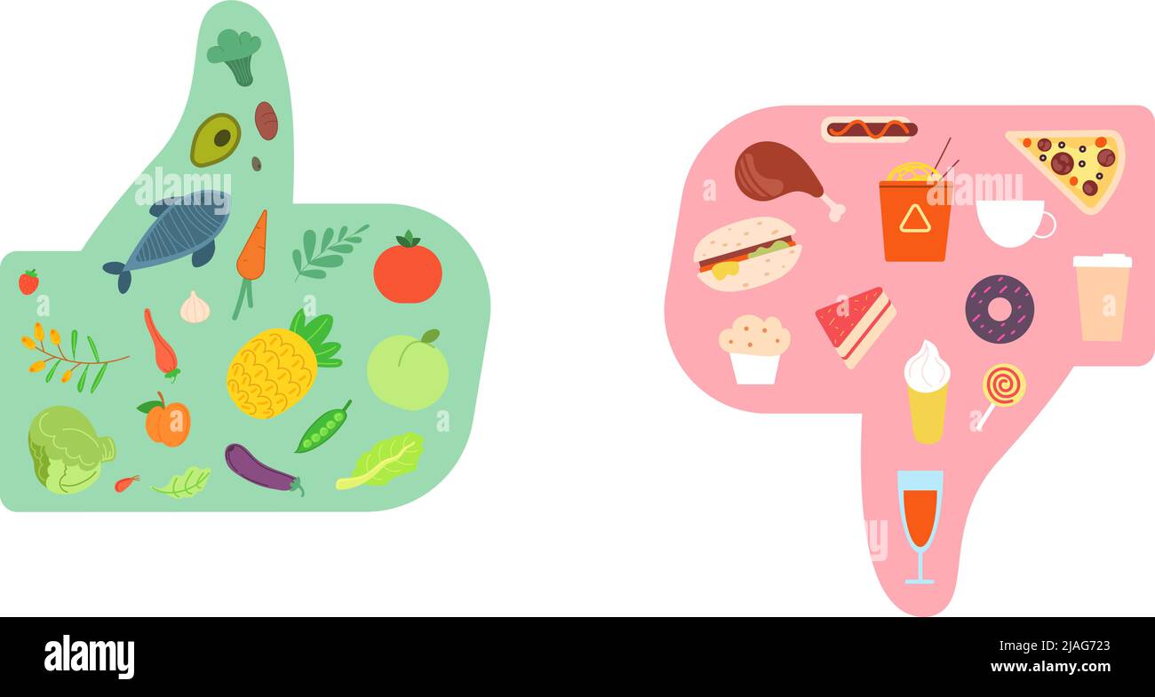 Healthy vs junk food. Choice good or bad nutrition, compare meal ...