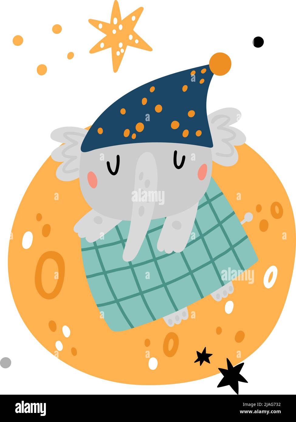 Sleepy cute animal. Happy elephant dreaming in bed. Cartoon creature ...