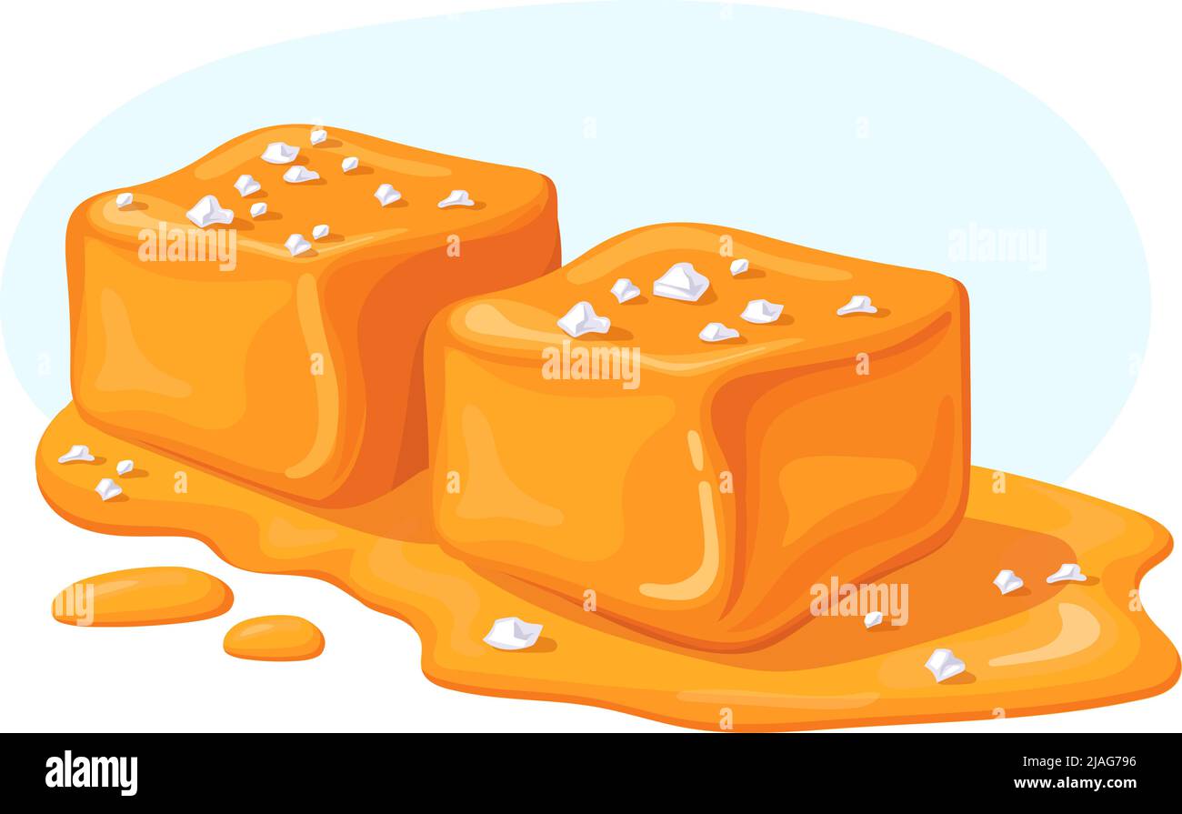 Salted caramel. Melting caramell cubes salt toffee honey liquid candy ...