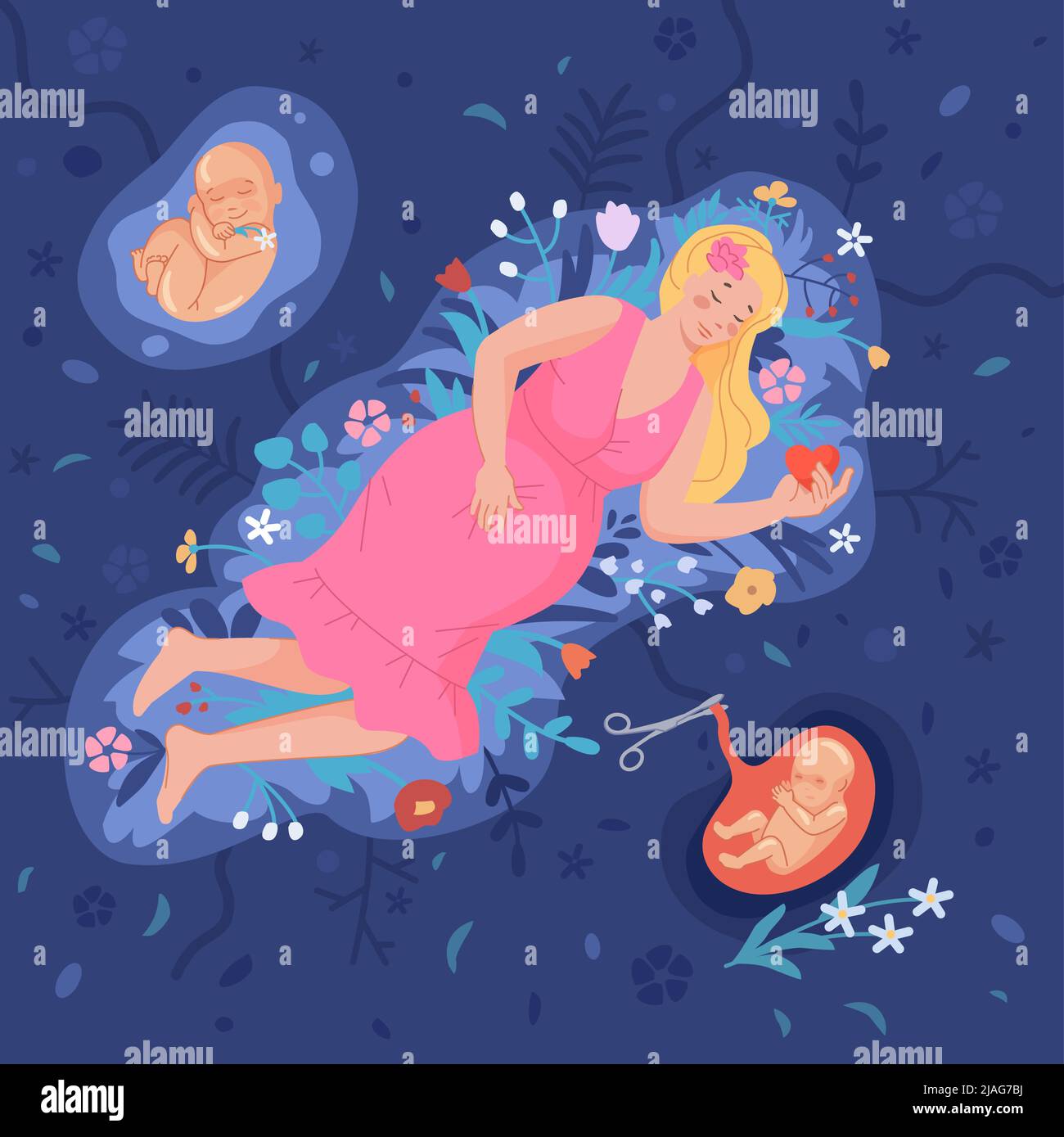 Woman thinking abortion. Sad pregnant women lying on flowers, unhappy ...