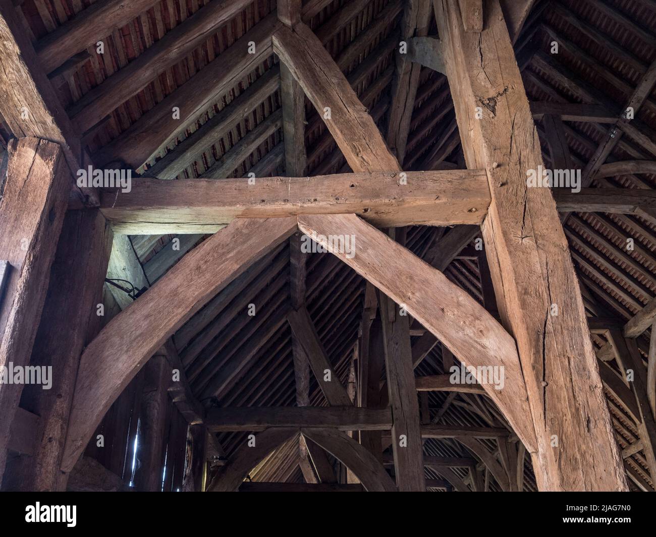 Detail showing part of the timberwork inside Harmondsworth Great Barn ...