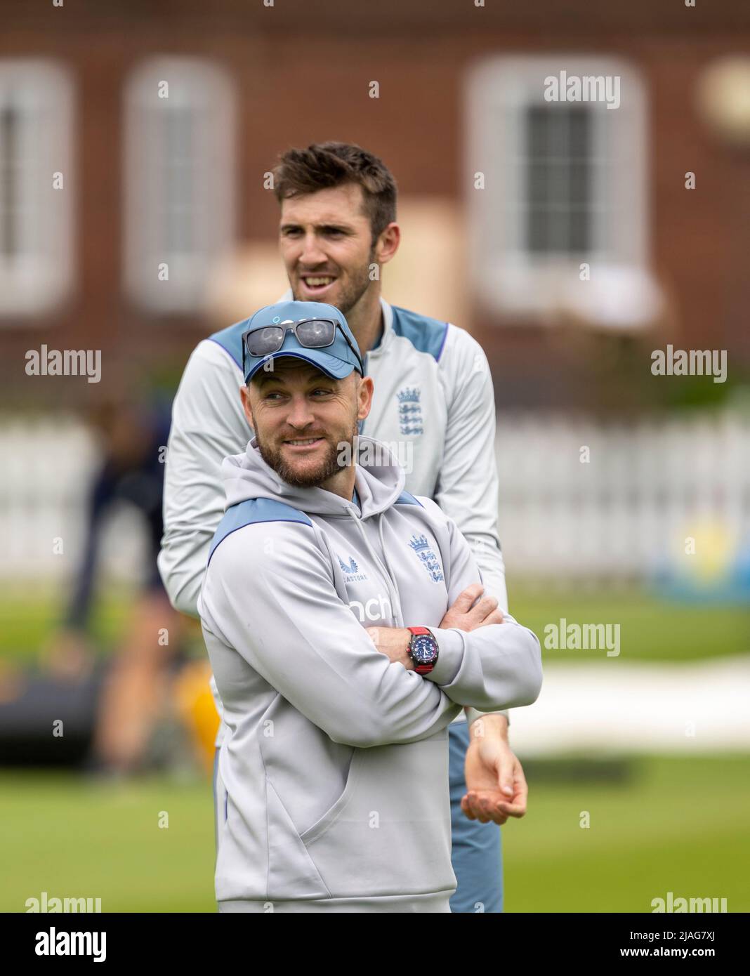New England men's Test coach Brendon McCullum and Craig Overton during ...