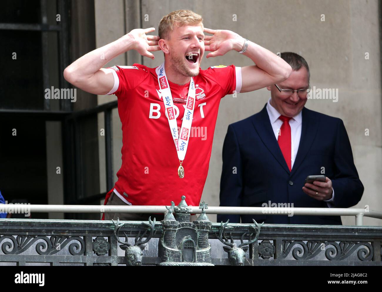 Nottingham Forest's Joe Worrall during the celebrations in Old Market ...