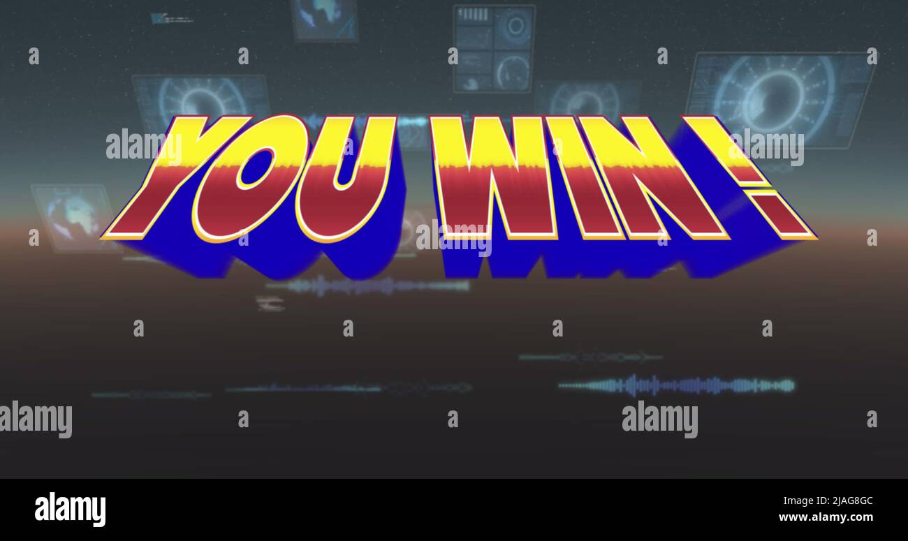 Image of you win in digital abstract space with screens and diverse ...