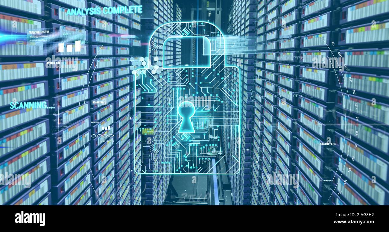 Image of padlock icon and data processing over server room Stock Photo - Alamy