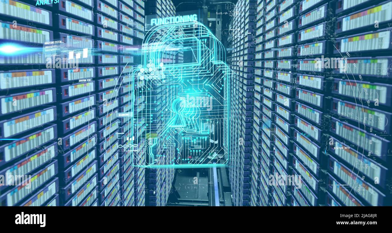 Image of padlock icon and data processing over server room Stock Photo - Alamy