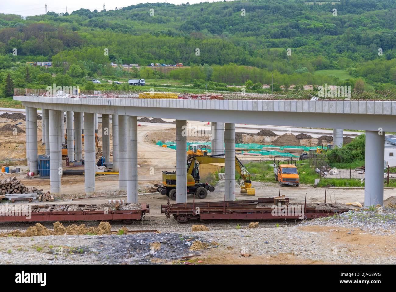 Construction Site Concrete Road Bridge Highway Network Over Railroad ...
