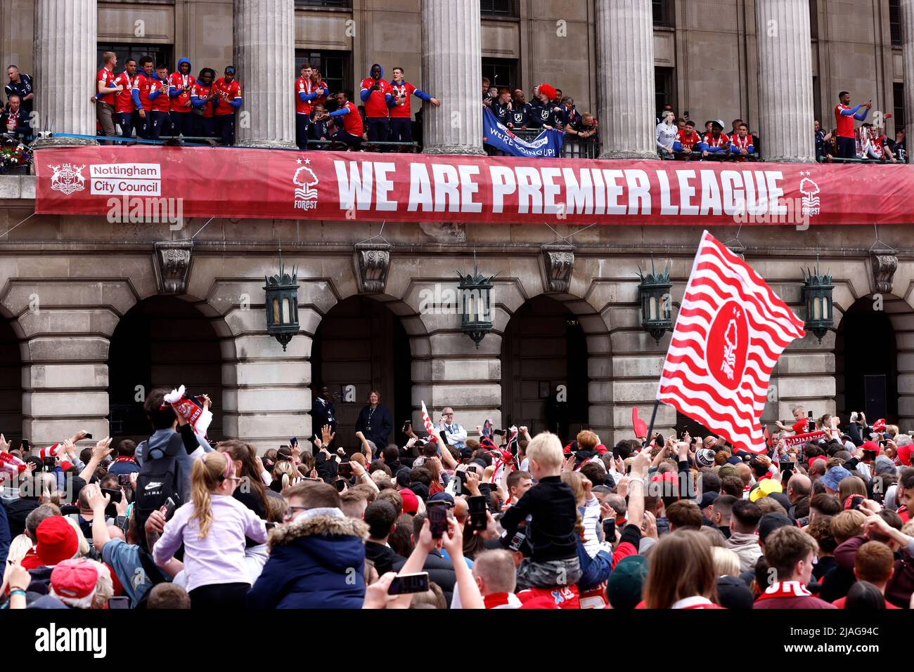 Nottingham Forest players and fans on the council house balcony during ...