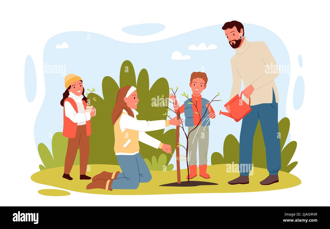 Happy cheerful family planting young tree Stock Vector Image & Art - Alamy