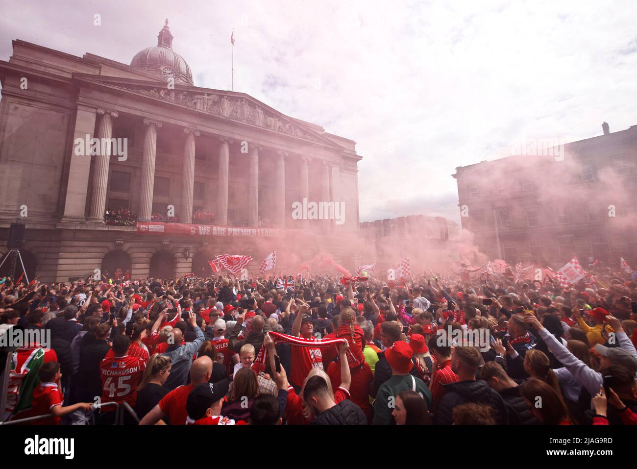 Nottingham Forest fans celebrate as the players lift the trophy during ...