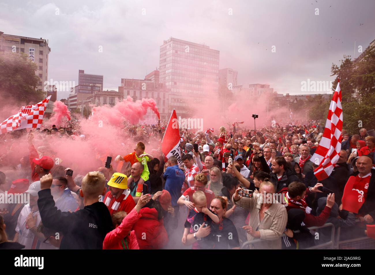 Nottingham Forest fans celebrate as the players lift the trophy during ...