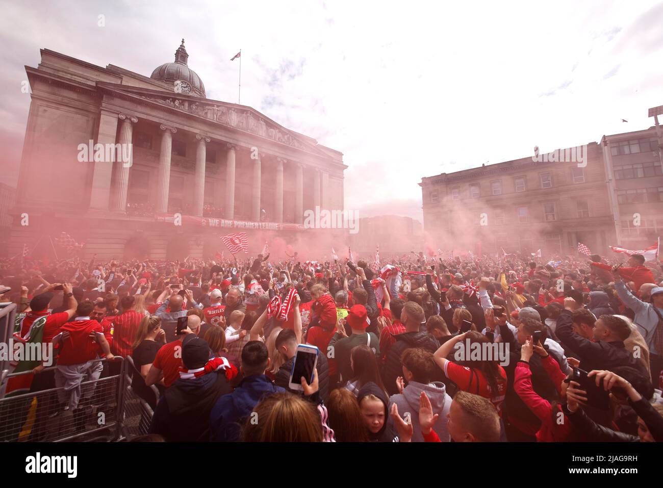 Nottingham Forest fans celebrate as the players lift the trophy during ...