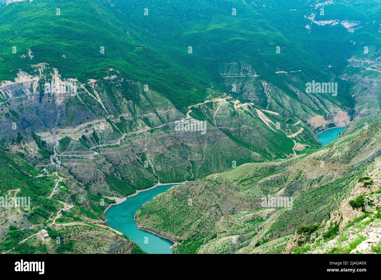 huge deep green canyon of mountain river with blue water, Sulak river ...