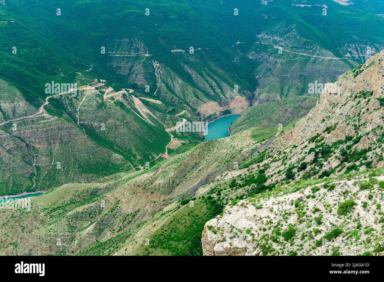 Sulak river valley in Dagestan, large deep wooded canyon of mountain ...