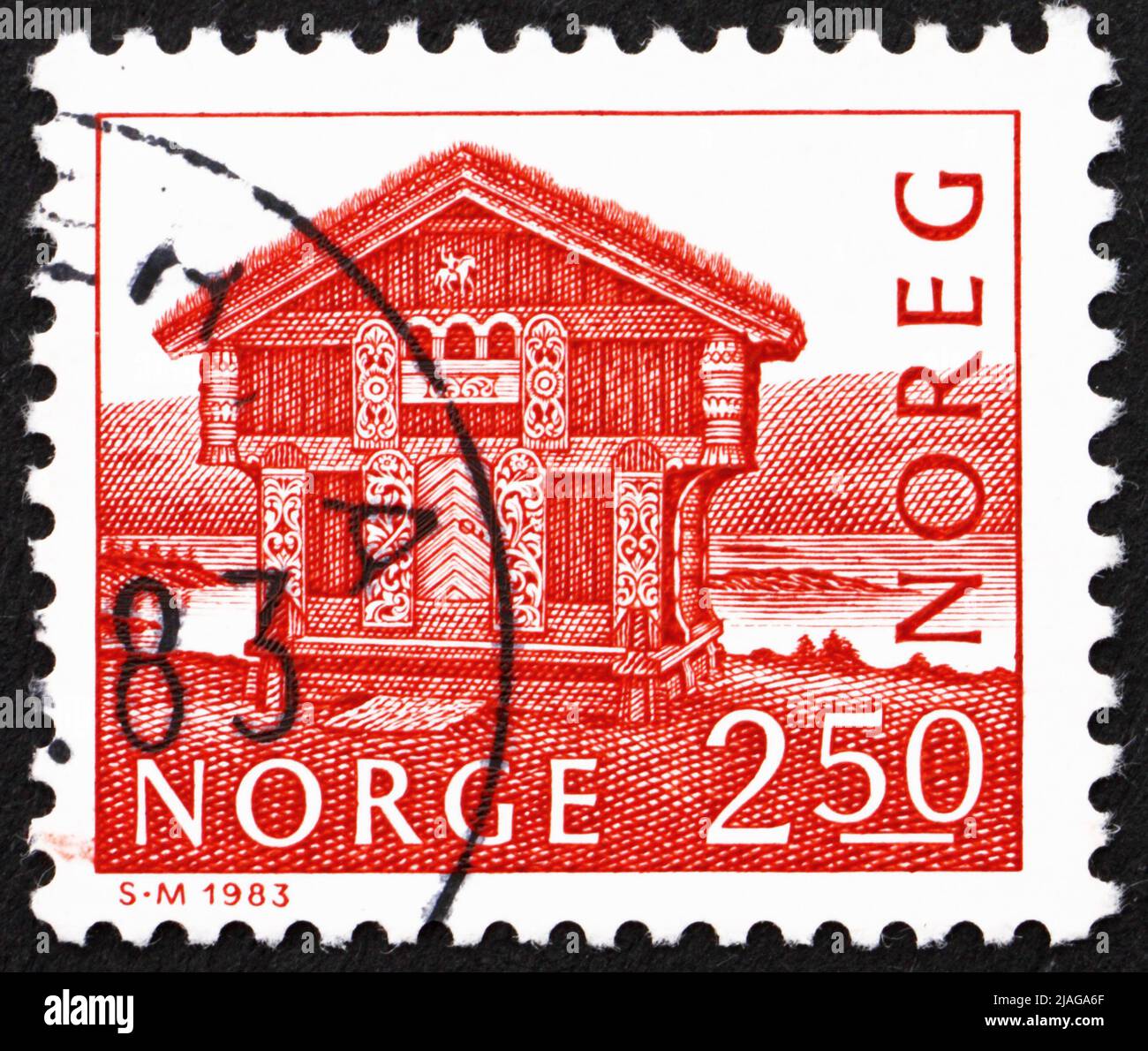 NORWAY - CIRCA 1983: a stamp printed in the Norway shows Log House ...