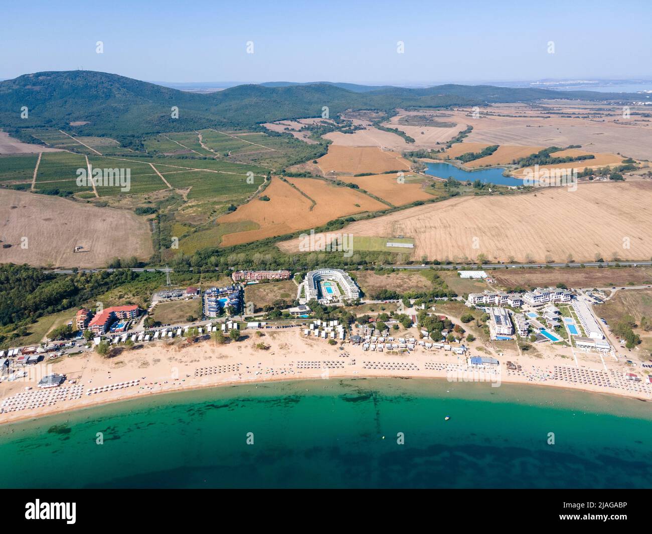 Aerial view of Gradina (Garden) Beach near town of Sozopol, Burgas ...
