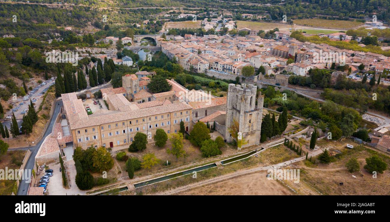 Aerial view of Castle of Abbey Sainte-Marie d'Orbieu in Lagrasse Stock ...