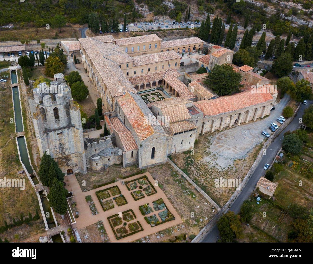 Aerial view of Castle of Abbey Sainte-Marie d'Orbieu in Lagrasse Stock ...