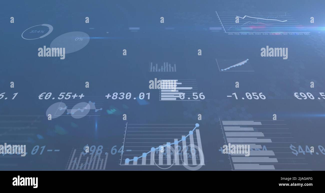 Image of financial data and graphs over navy background. global ...