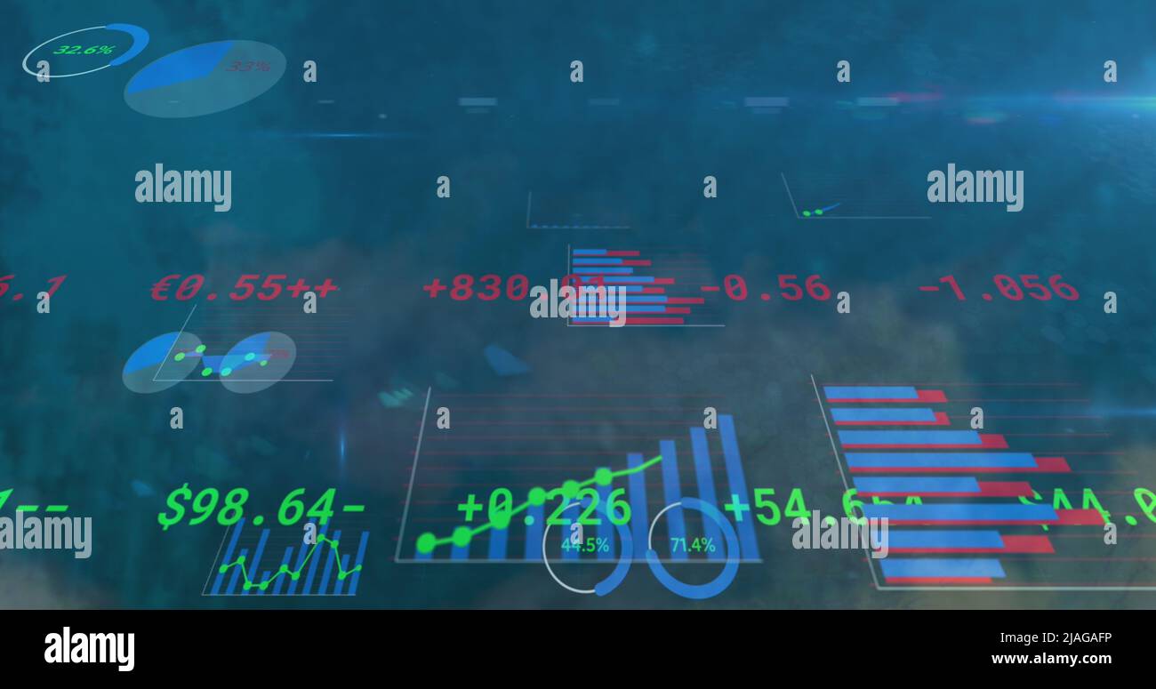 Image of financial data and graphs over navy background. global ...