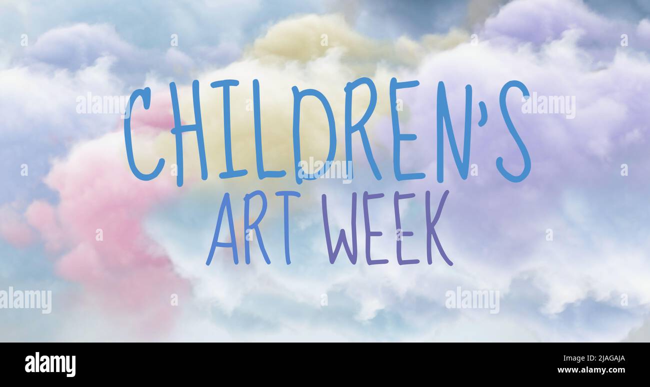 Image of childrens art week over pastel clouds. art, creativity ...