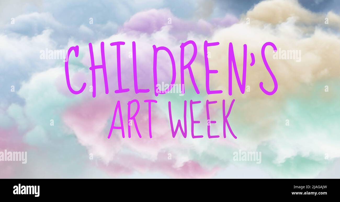 Image of childrens art week over pastel clouds. art, creativity ...