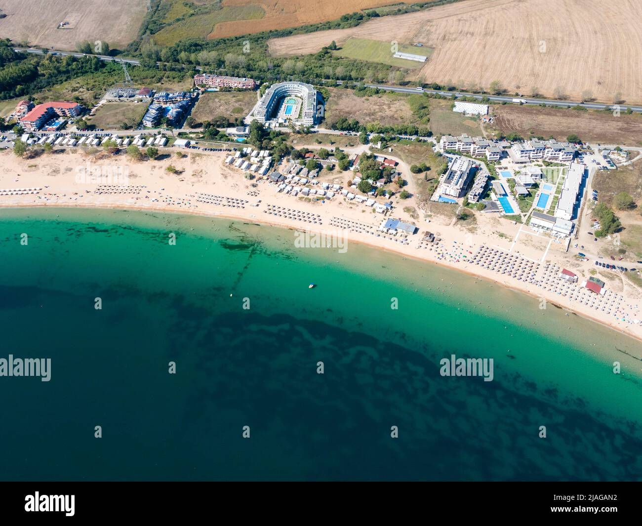Aerial view of Gradina (Garden) Beach near town of Sozopol, Burgas ...