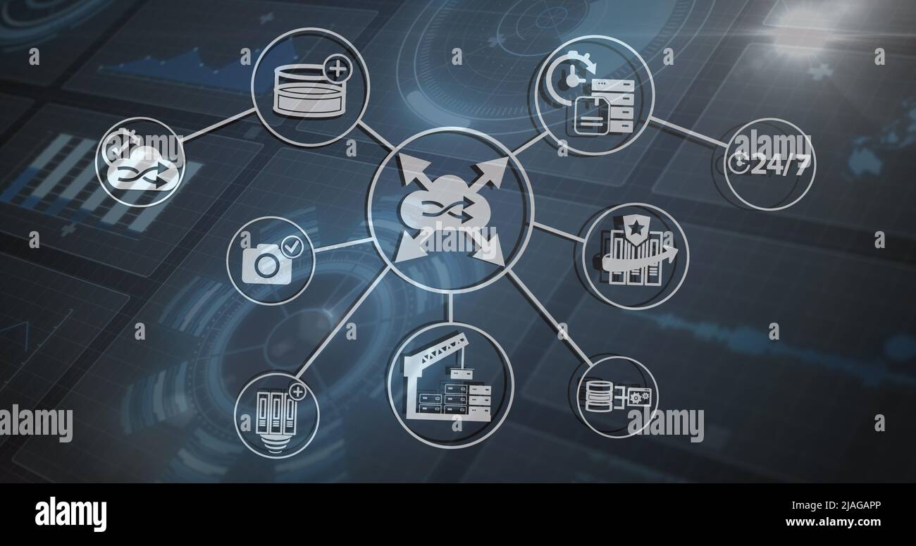 Digital Image Of Network Of Multiple Digital Icons Against Multiple Screens With Data Processing