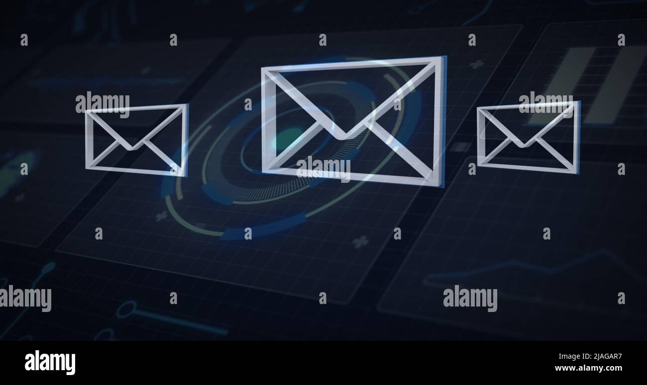 Digital image of multiple message icons floating against round scanner ...