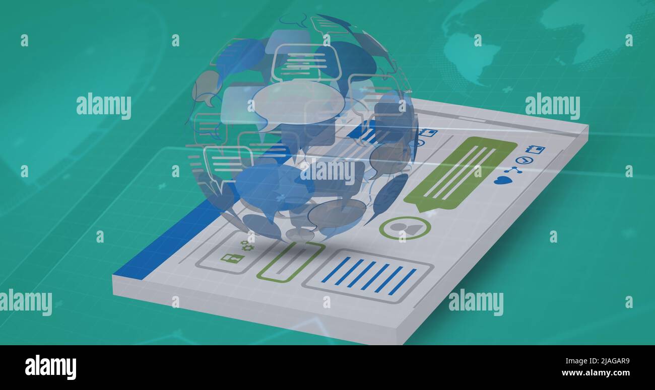 Globe made of message icons spinning against digital interface on green background. computer ...