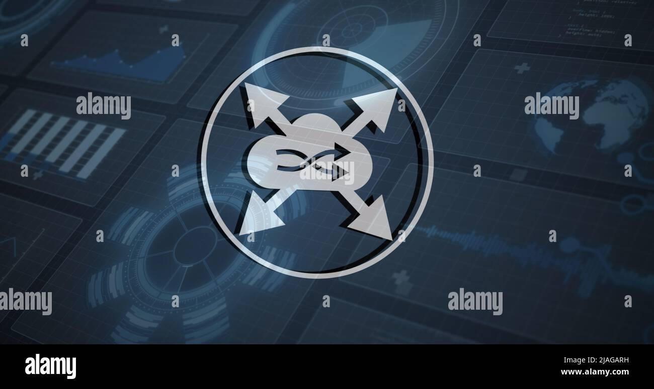 Digital Image Of Network Of Multiple Digital Icons Against Multiple Screens With Data Processing