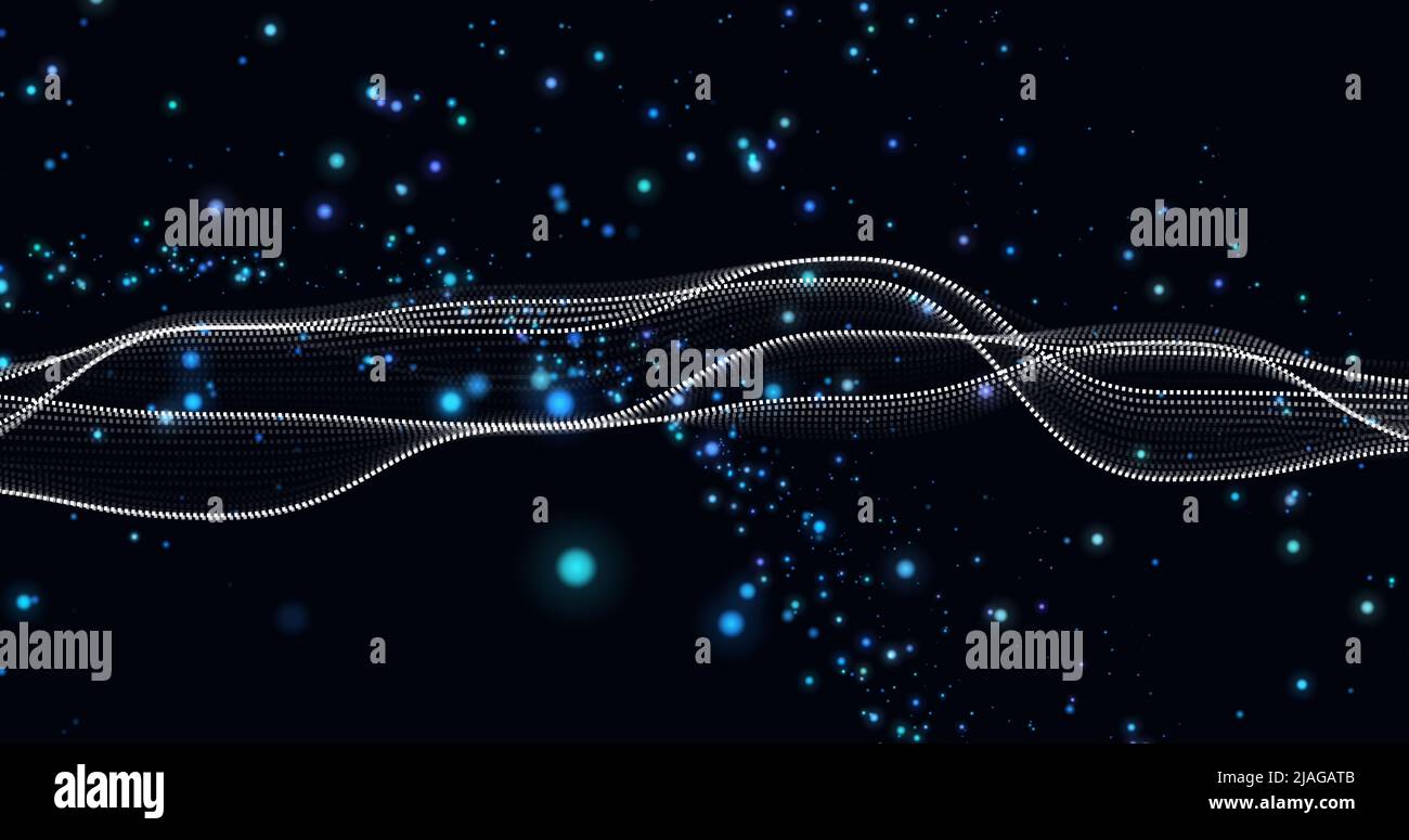 Image of blue spots and trails on black background. global business and ...