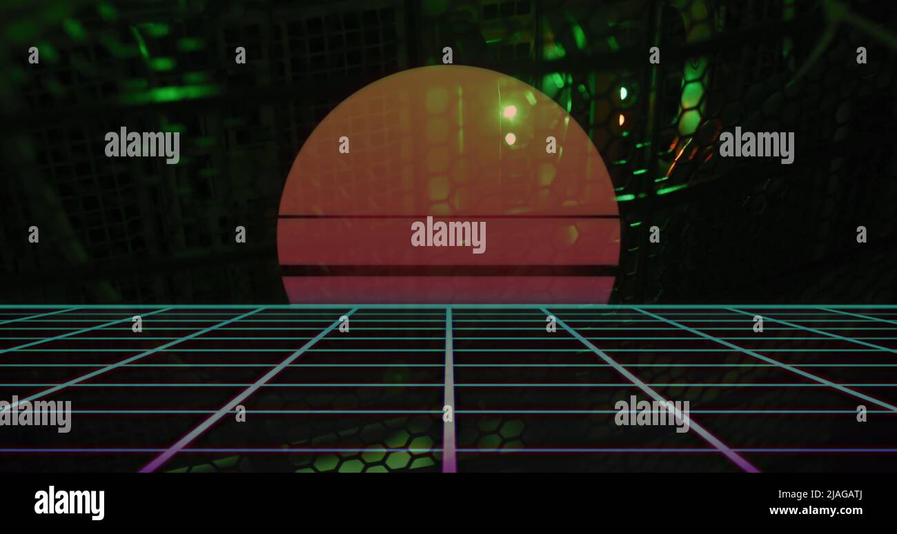 Grid network and round shape against close up of a computer server ...