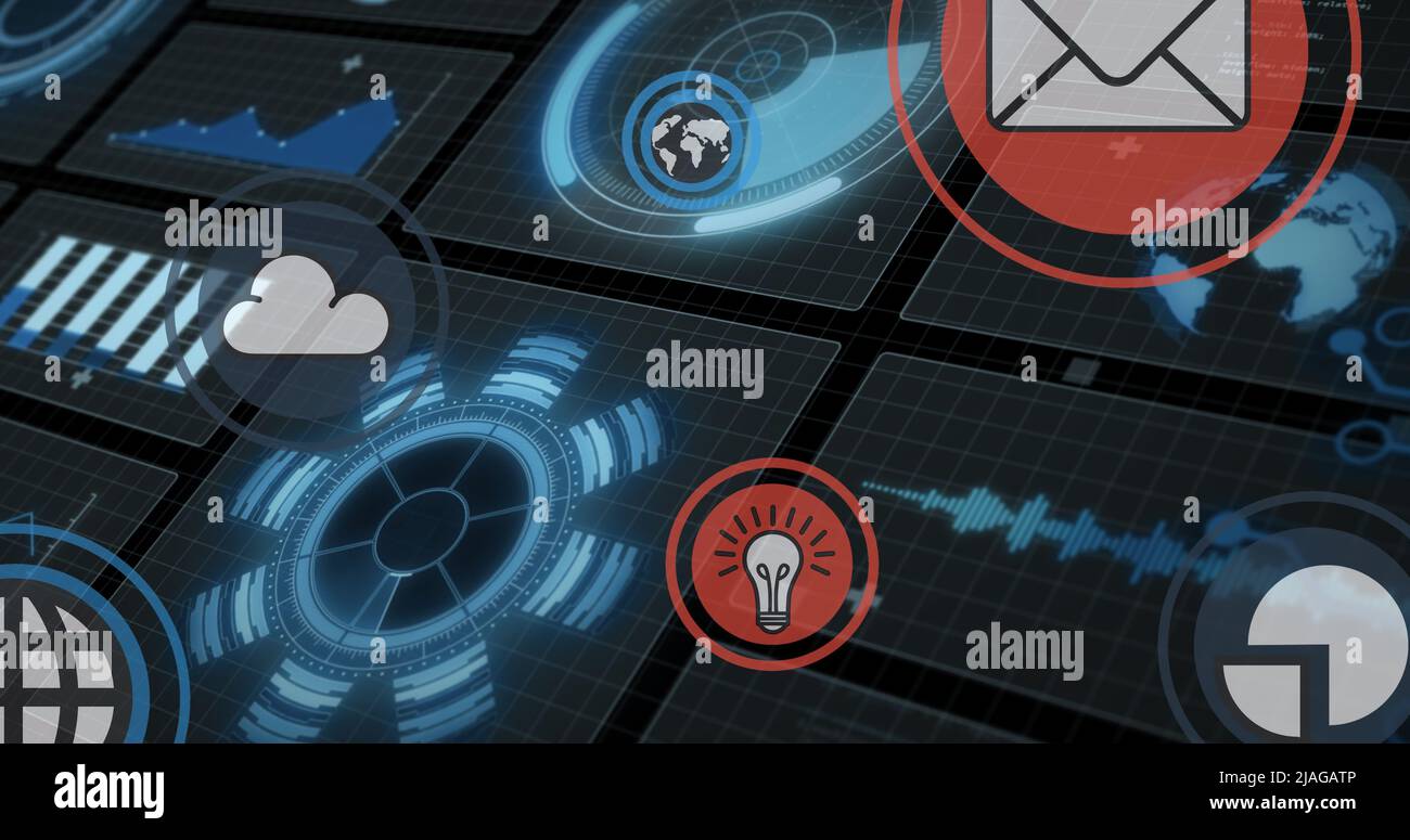 Multiple digital icons against screens with data processing on black background. computer ...