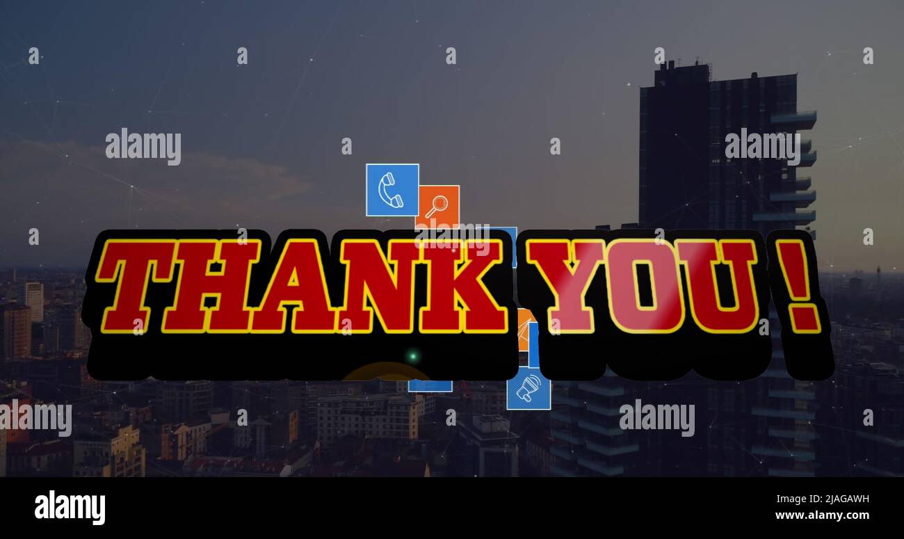 Image of thank you text and social media icons over cityscape. global ...