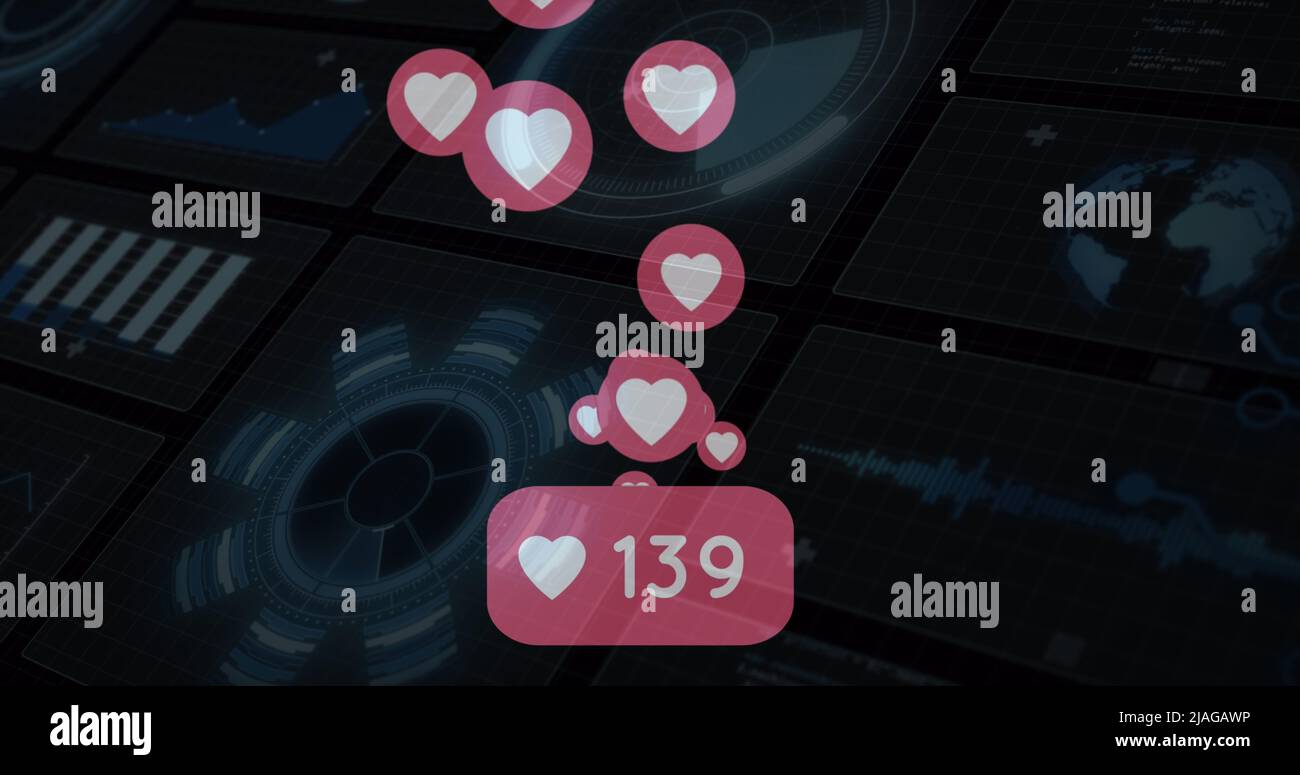 Digital image of multiple heart icons floating against round scanners ...