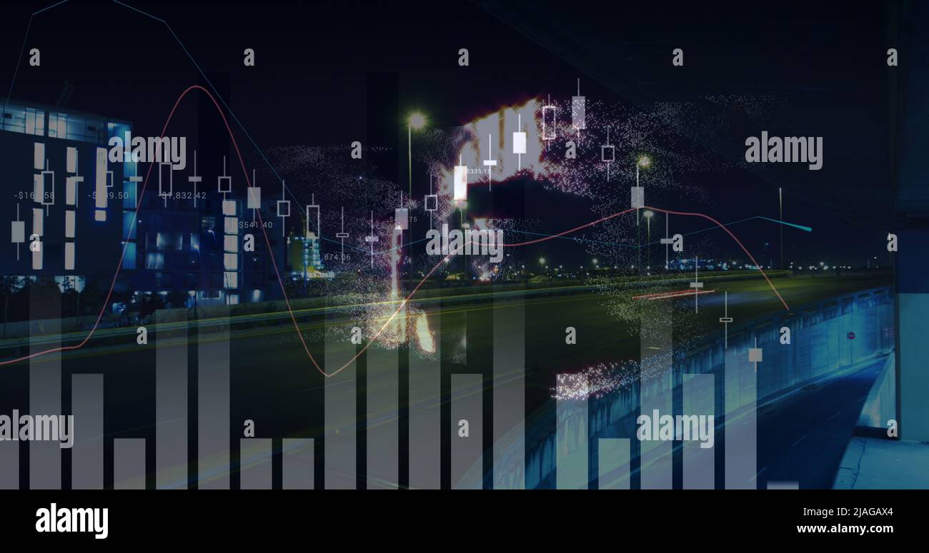 Image of data processing over cityscape. global business, finances, connections and digital ...