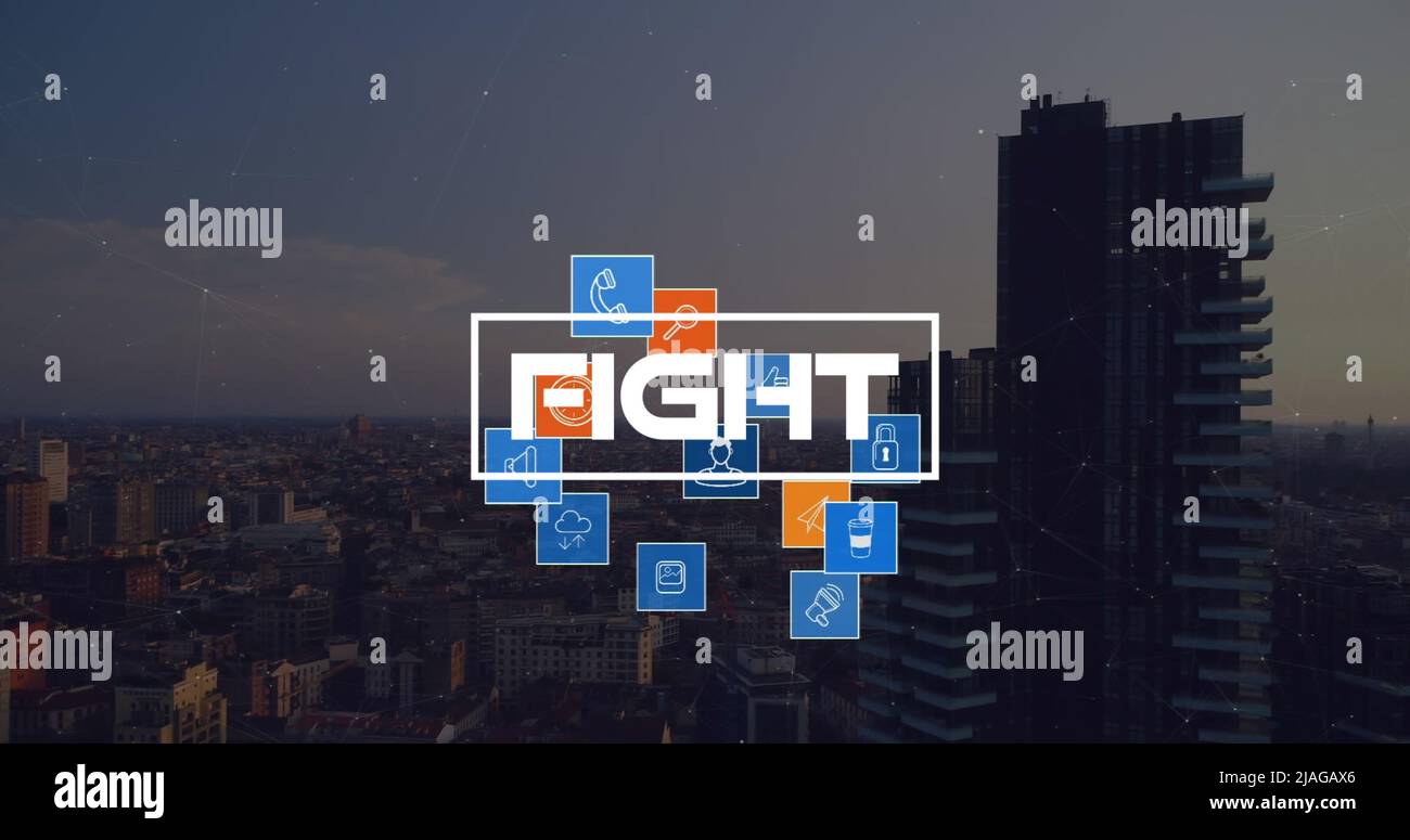 Image of fight text and social media icons over cityscape. global ...